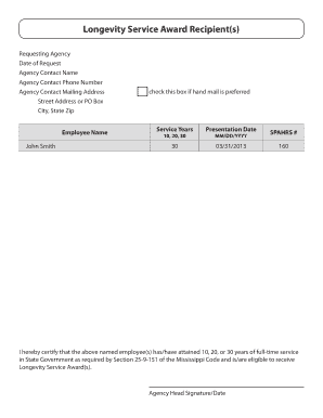 Fillable Online mspb ms Longevity Service Award Program Request ...
