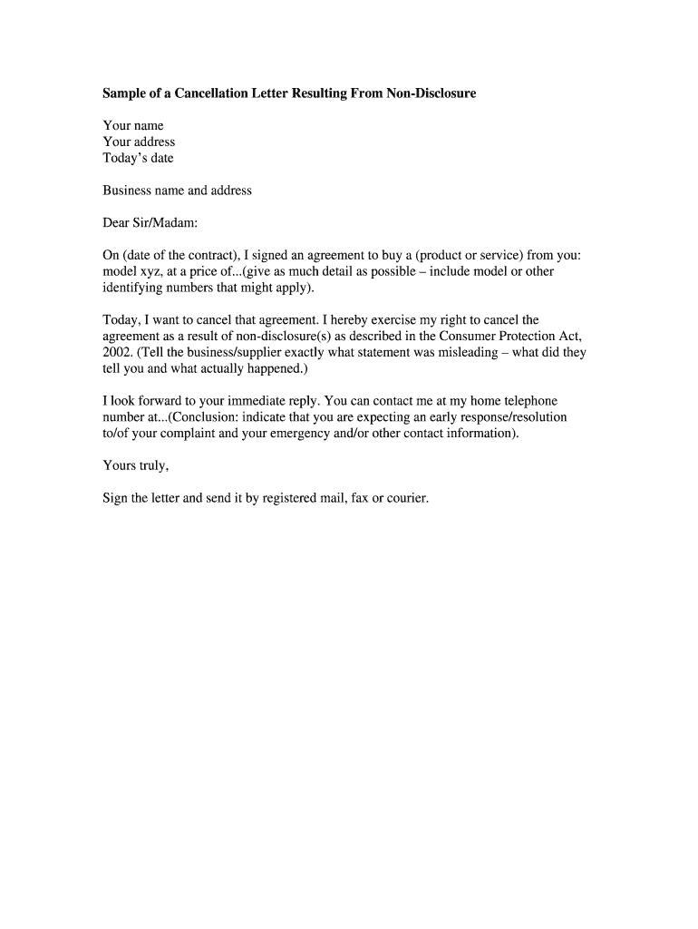 Fillable Online Sample of a Cancellation Letter Resulting From Non ...