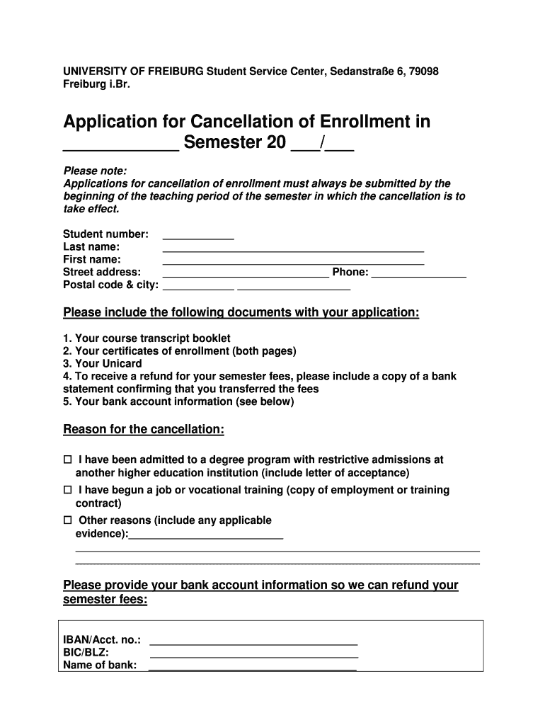 Fillable Online Application for Cancellation of Enrollment in Fax Email ...