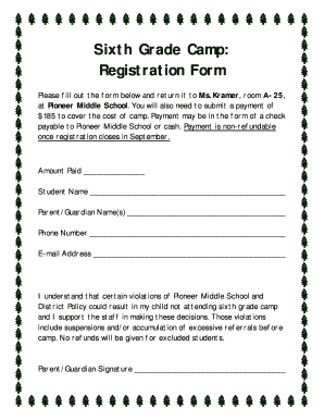 Fillable Online web pccs k12 mi Sixth Grade Camp: Registration Form Fax ...