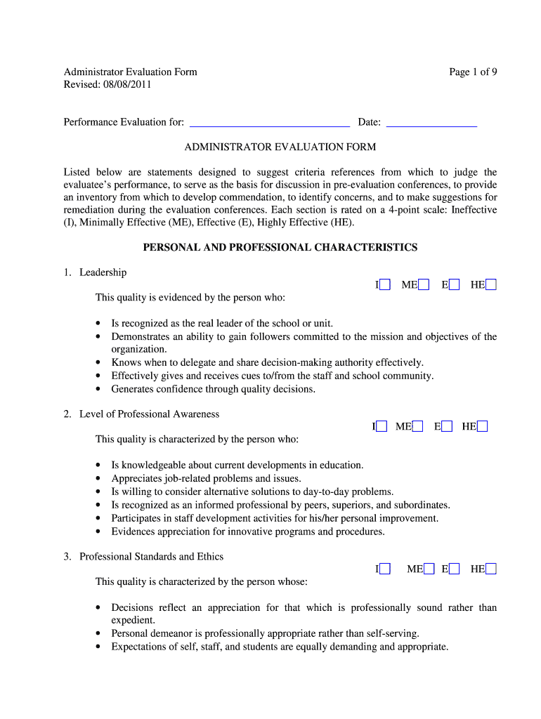 Fillable Online marshall k12 mi Administrator Evaluation Form_080811 ...