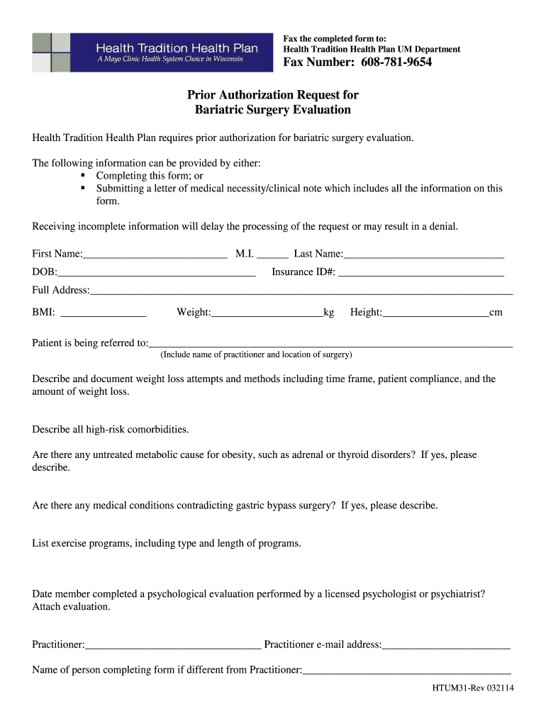Bariatric Surgery Evaluation Prior Authorization Request - Blank ...