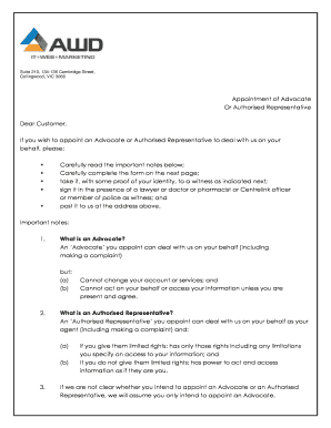 Fillable Online BAppointmentb of Advocate Or Authorised Representative Dear bb - AWD Fax Email ...
