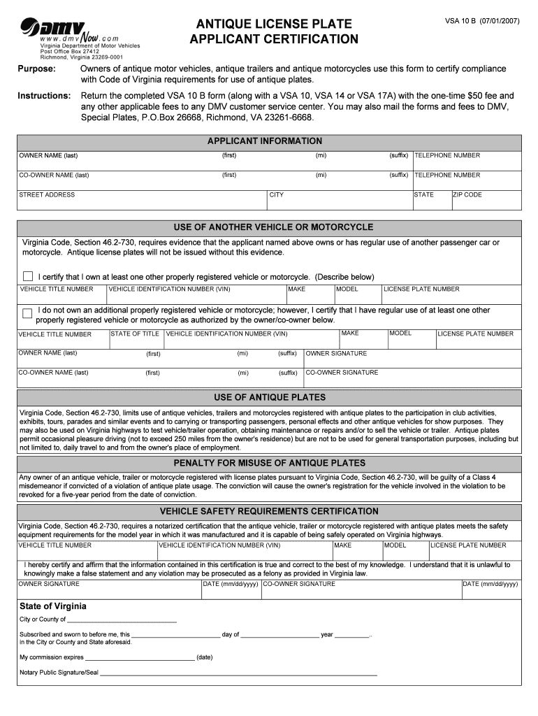 Fillable Online vpccc Antique license plate applicant certification ...