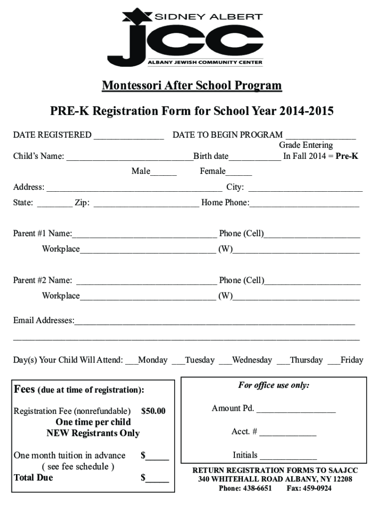 Fillable Online Montessori After School Program PRE-K Registration Form ...