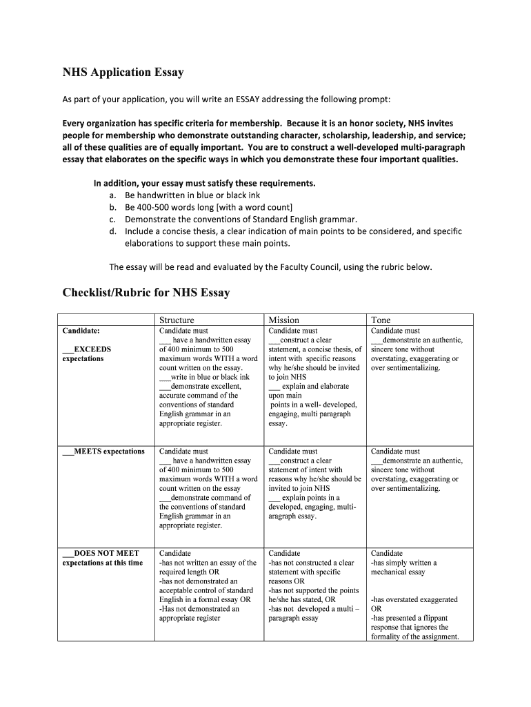 Fillable Online NHS Application Essay Fax Email Print - pdfFiller
