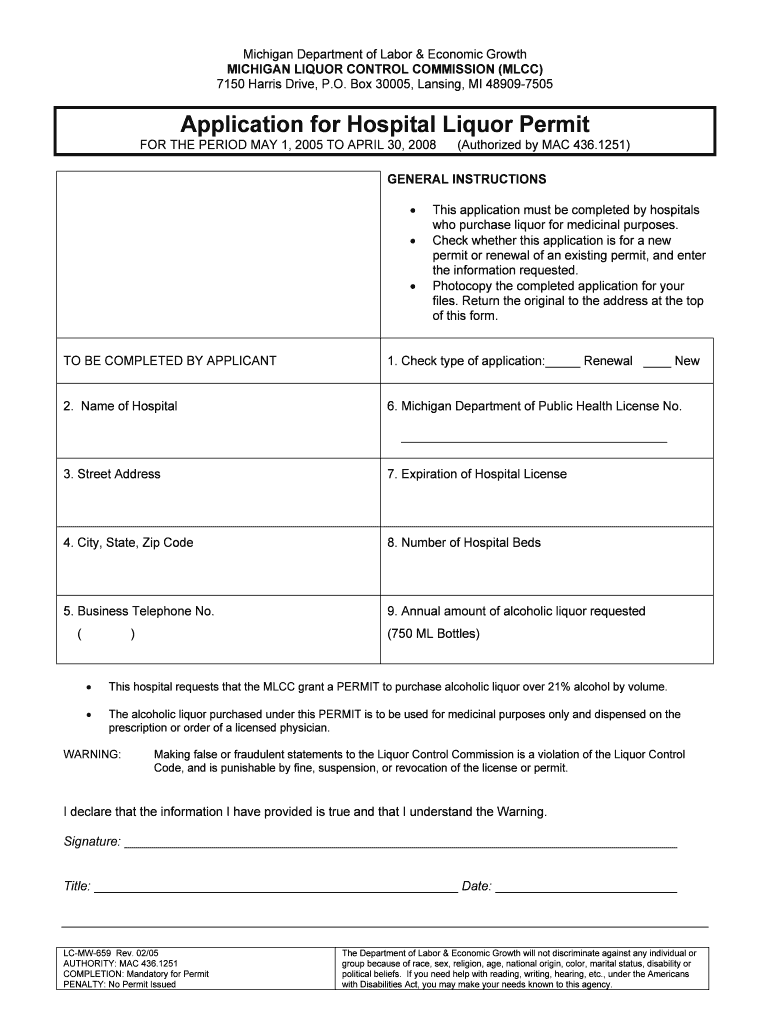 Fillable Online mich Application for Hospital Liquor Permit Fax Email ...