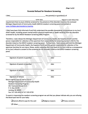 Fillable Online mich Newborn Screening Parental Refusal Form - mich Fax ...