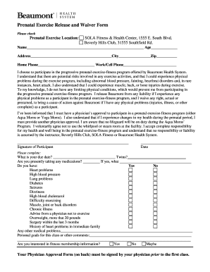 Fillable Online classes beaumont Prenatal Exercise Release and Waiver ...