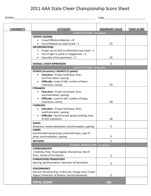 Fillable Online 2011 AAA State Cheer Championship Score Sheet Fax Email ...