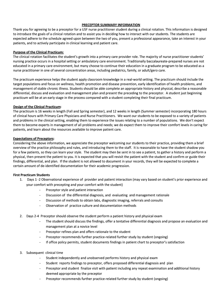 Fillable Online health usf PRECEPTOR SUMMARY INFORMATION Purpose of the ...
