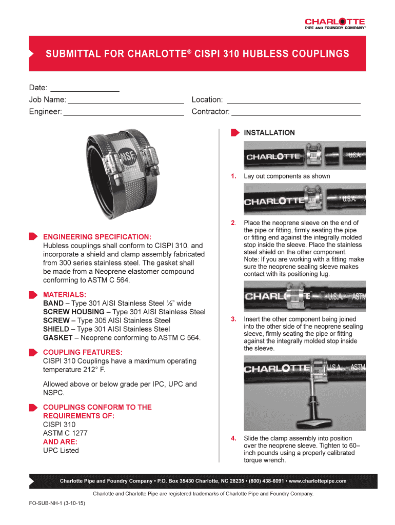 Fillable Online Hubless CISPI b310b Coupling - Charlotte Pipe Fax Email ...
