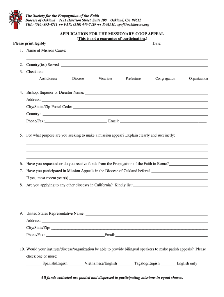 Fillable Online oakdiocese Form for mc application - Diocese of Oakland ...