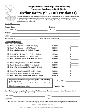 Fillable Online Order Form (91-100 students) - Spirit & Truth Publishing Fax Email Print - pdfFiller
