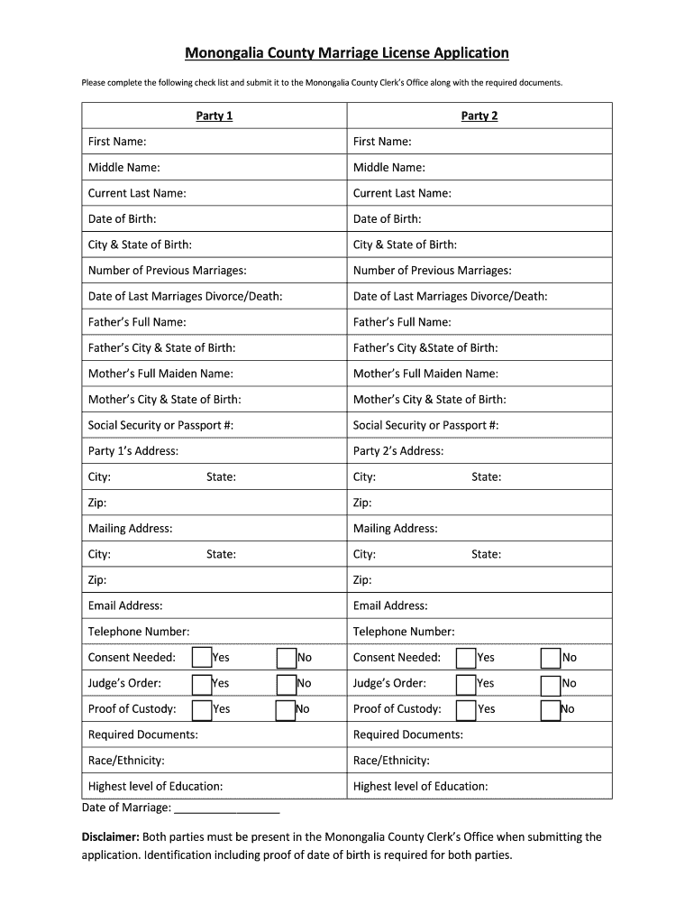Fillable Online Monongalia County Marriage License Application Fax ...