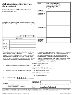Fillable Online Acknowledgment of service (Part 20 claim) Fax Email ...