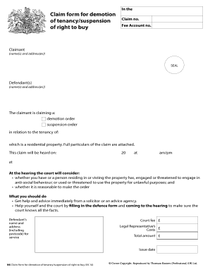 Fillable Online Claim form for demotion of tenancy/suspension of right ...