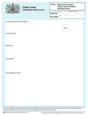 Fillable Online adm1.p65. Claim form (Admiralty claim in rem) Fax Email ...