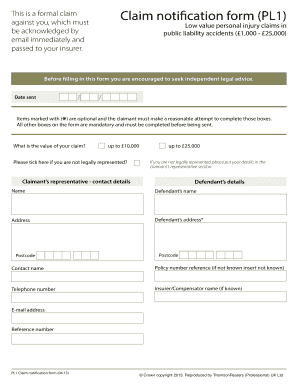 Fillable Online Claim notification form (PL1) This is a formal claim ...