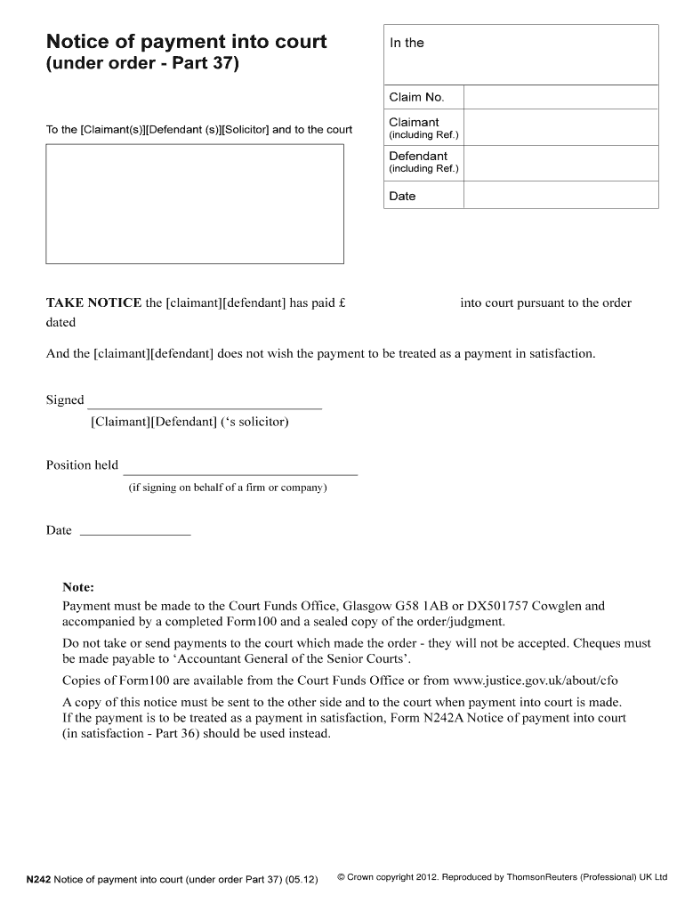 Fillable Online Notice of payment into court under order - Part 37 Fax ...