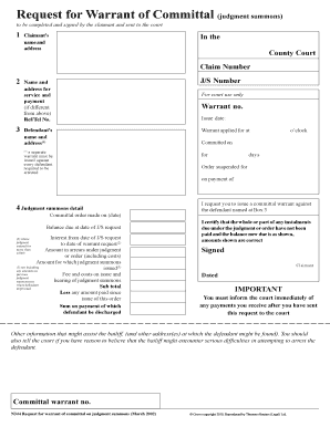 Fillable Online Request for Warrant of Committal judgment summons Fax ...
