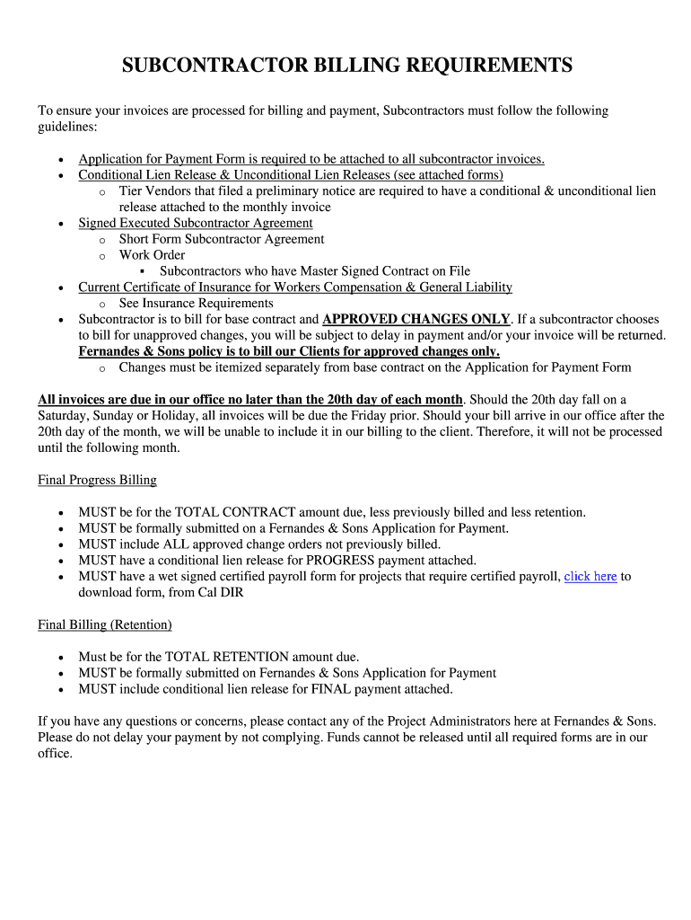 Fillable Online SUBCONTRACTOR BILLING REQUIREMENTS Fax Email Print ...