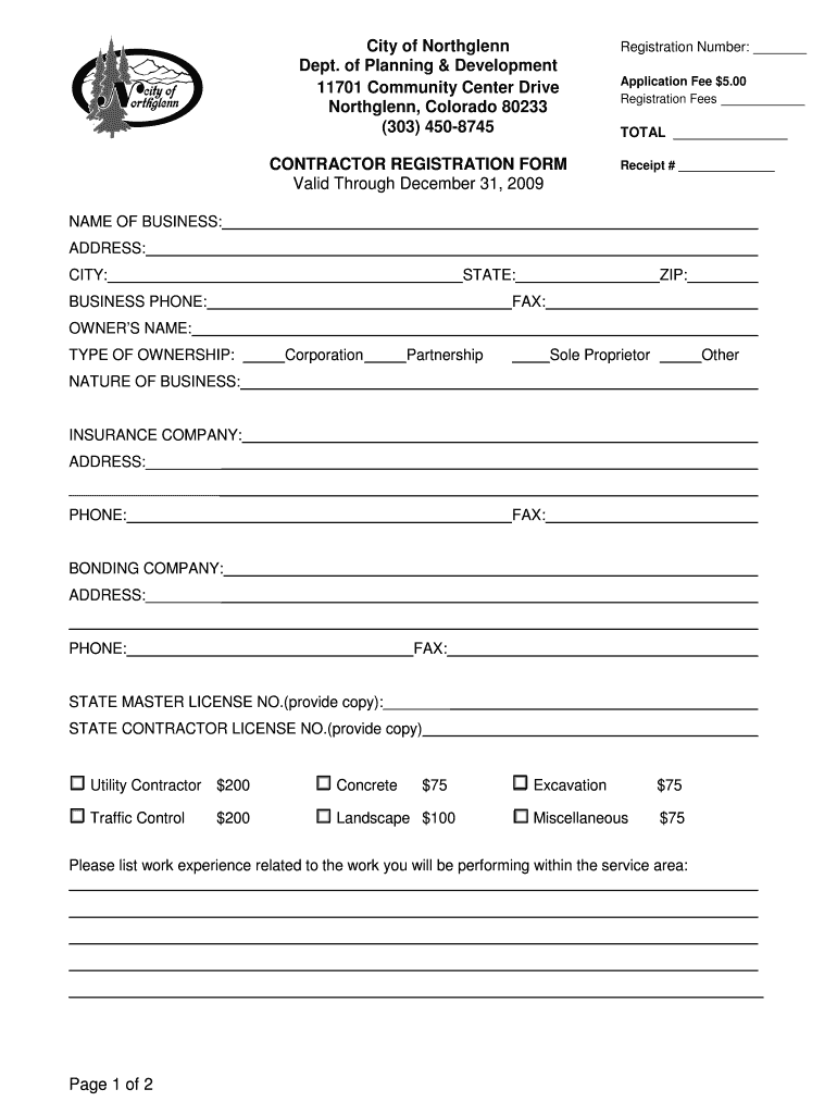 Fillable Online northglenn Revised utility contractor registration form ...