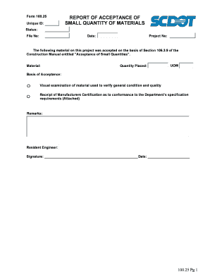 Fillable Online scdot Form 100.5 Report of Acceptance of Small Quanity ...