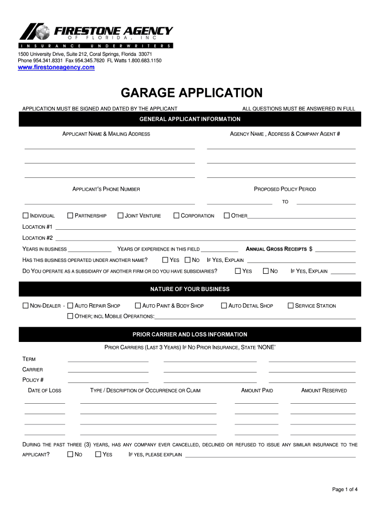 Fillable Online United National Garage Application - Firestone Agency ...