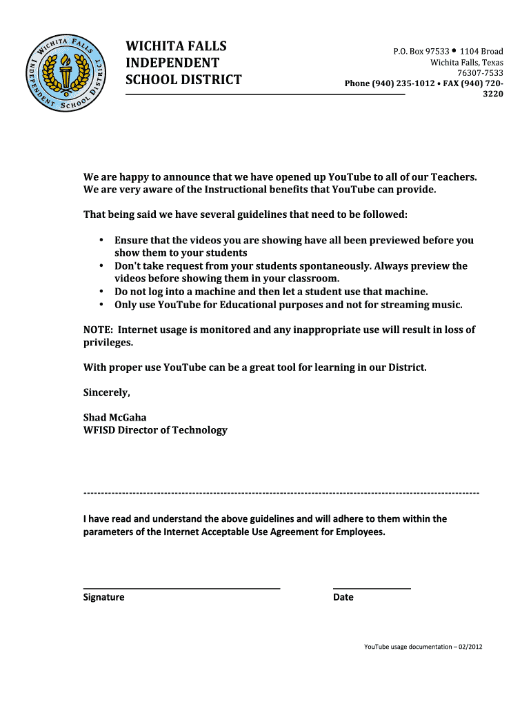 Fillable Online YouTube Agreement Form - Wichita Falls ISD Fax Email ...