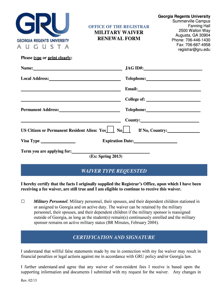 Fillable Online Military Waiver Renewal Form - Georgia Regents ...