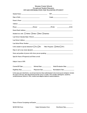 Fillable Online INTAKE INFORMATION FOR TRANSFER STUDENT Fax Email Print ...