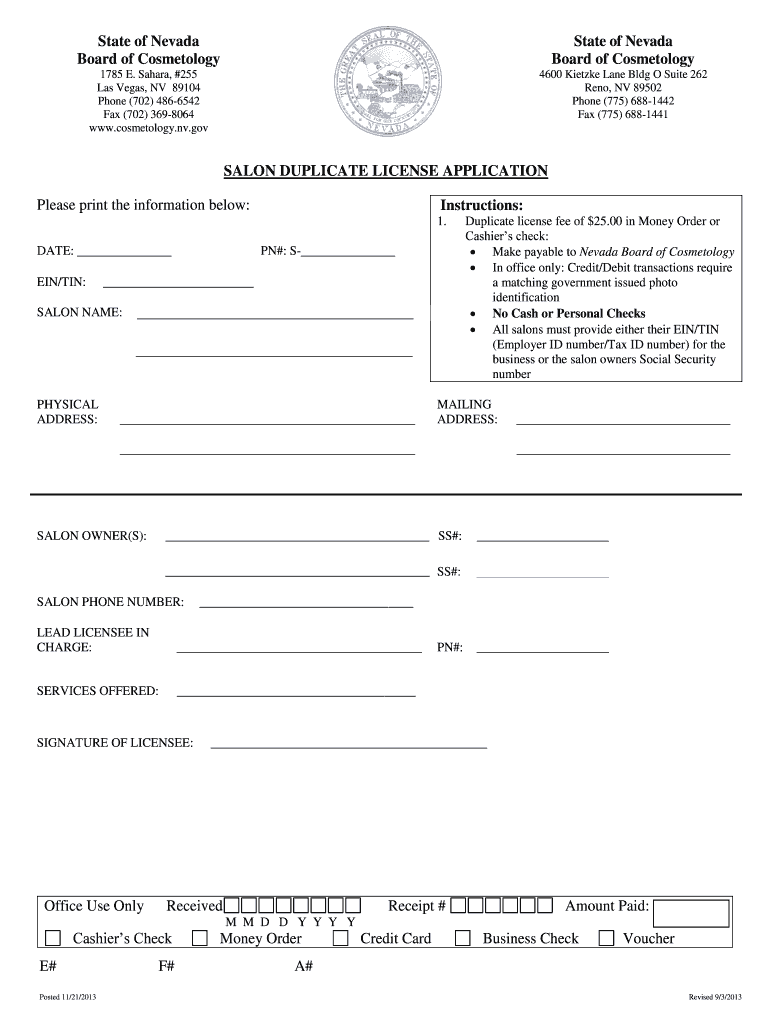 Fillable Online cosmetology nv SALON DUPLICATE LICENSE APPLICATION ...