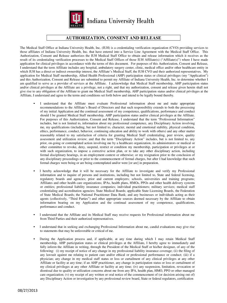 Fillable Online iuhealth AUTHORIZATION CONSENT AND RELEASE - IU Health ...