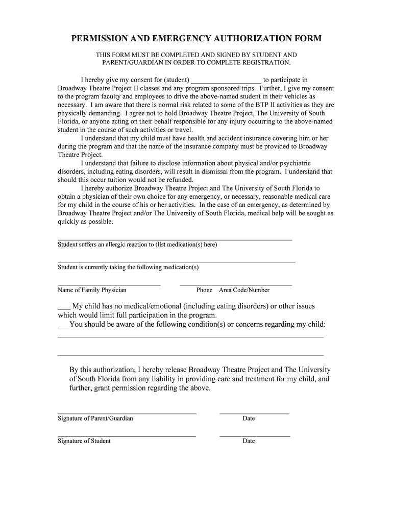 Fillable Online Permission and emergency authorization form - Broadway ...