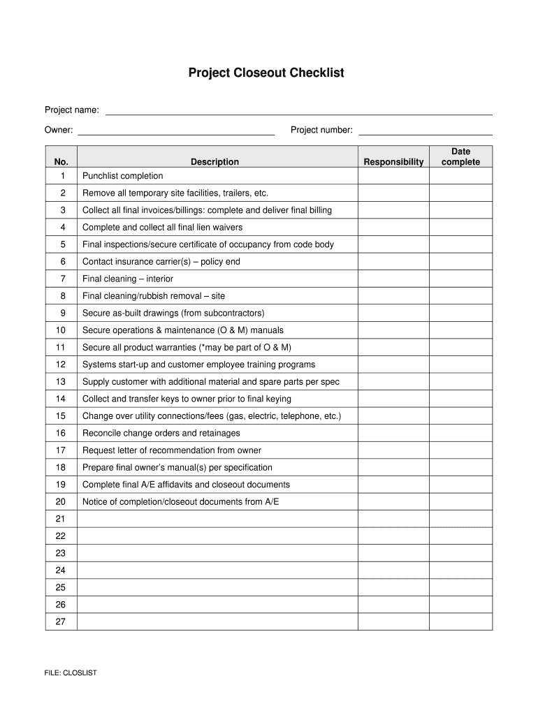 Project Closeout Checklist Pdf Fill Online Printable Fillable 