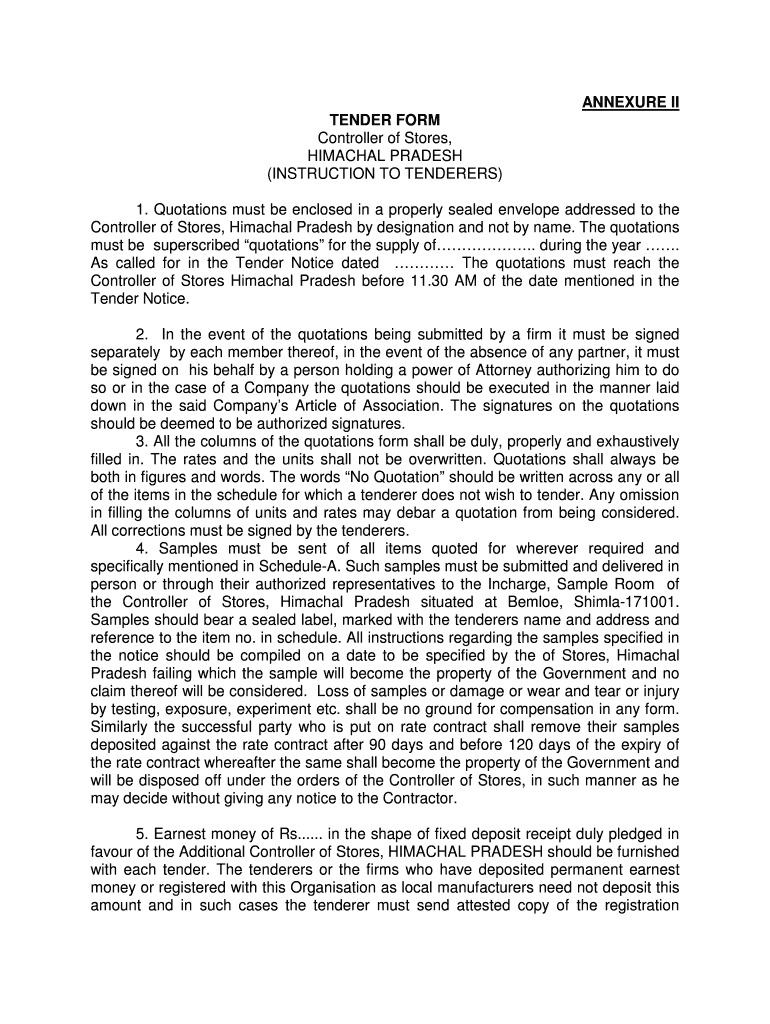 Fillable Online himachal gov Tender Form ANNEXURE II - himachal gov Fax Email Print - pdfFiller