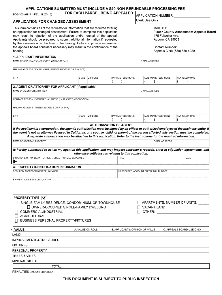 Fillable Online placer ca Application for Changed Assessment - Placer County - State of ... Fax ...