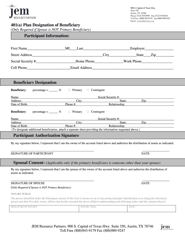 Fillable Online 401(a) Plan Designation of Beneficiary Participant ...