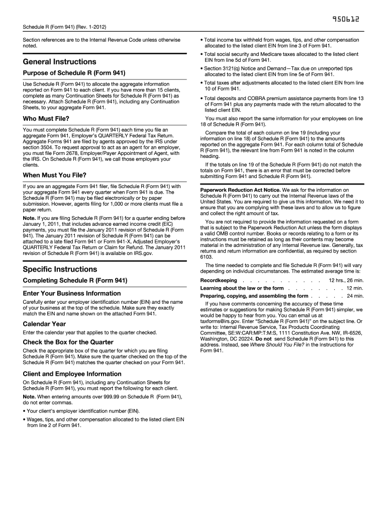 Fillable Online Schedule R (Form 941) (Rev. January 2012) - ADP.com Fax ...