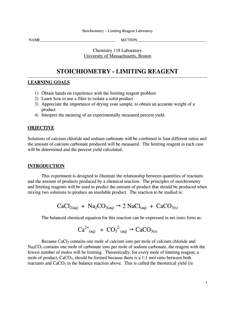 Fillable Online Stoichiometry Limiting Reagent Laboratory Fax Email ...
