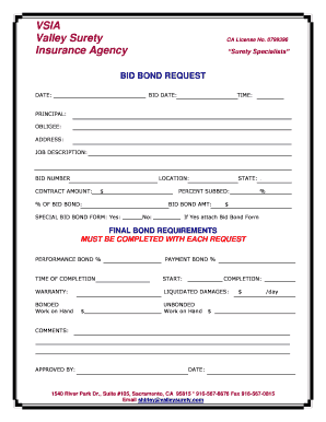 Fillable Online Bid Bond Request Form - Valley Surety Insurance Agency ...
