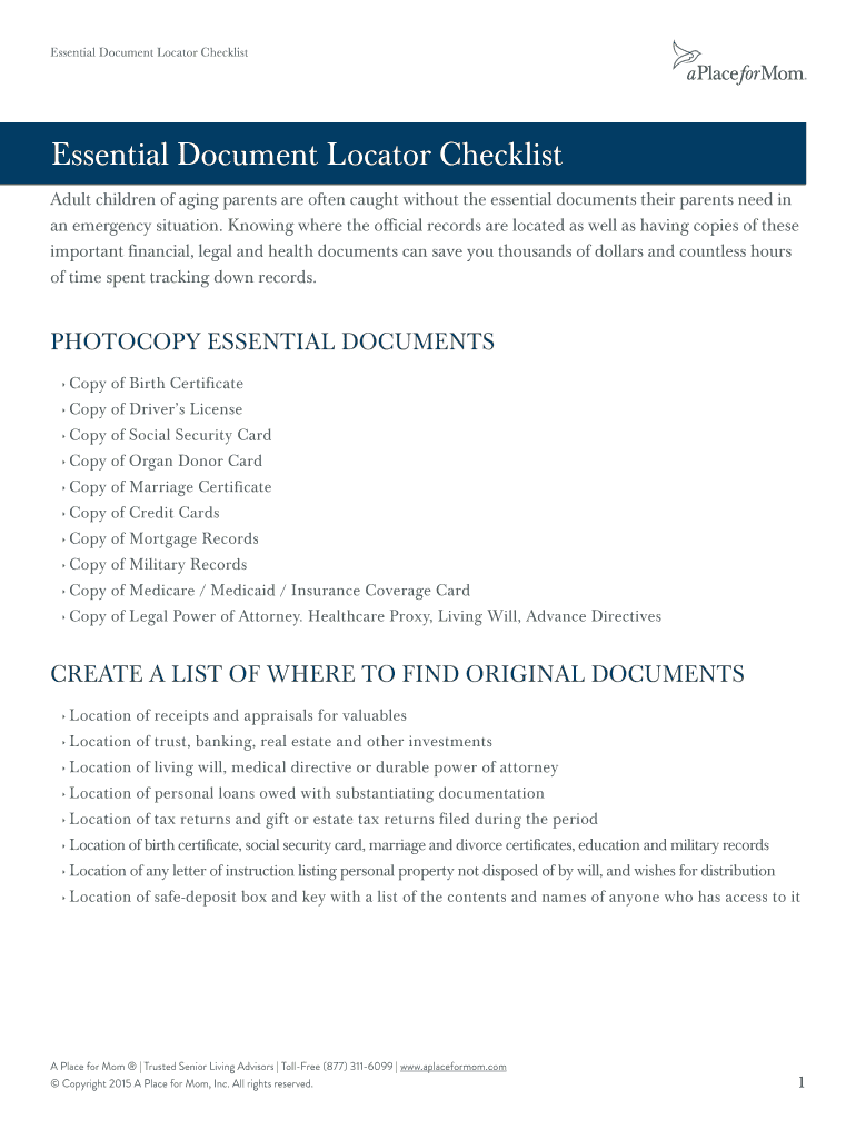 Fillable Online Essential Document Locator Checklist Fax Email Print ...