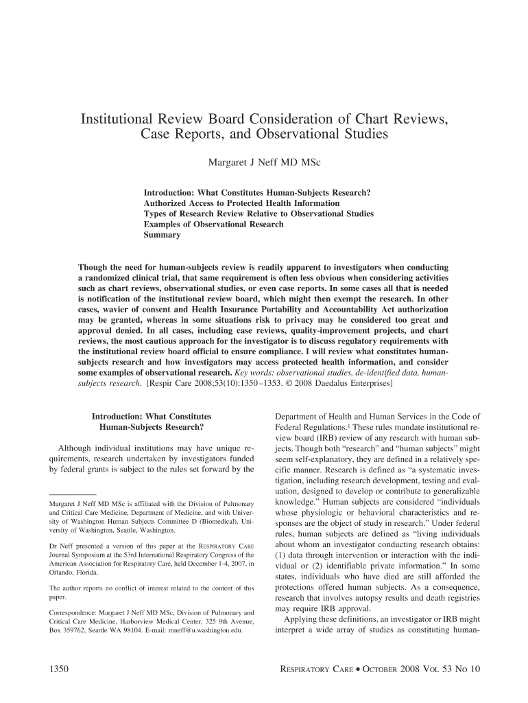 Fillable Online Institutional Review Board Consideration of Chart ... - Respiratory Care Fax ...