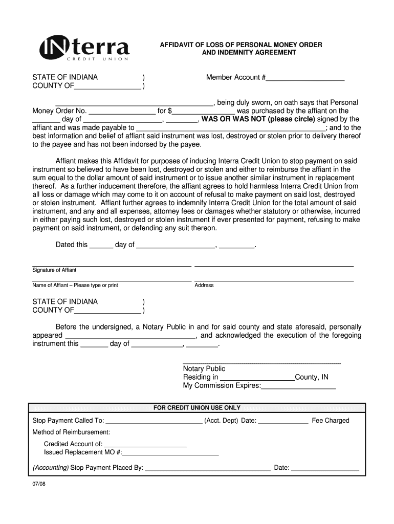 Fillable Online Affidavit of Loss Personal Money Order - INTERRAdoc Fax ...
