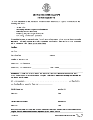 Fillable Online lionsclubs Leo Club Excellence Award Nomination Form ...