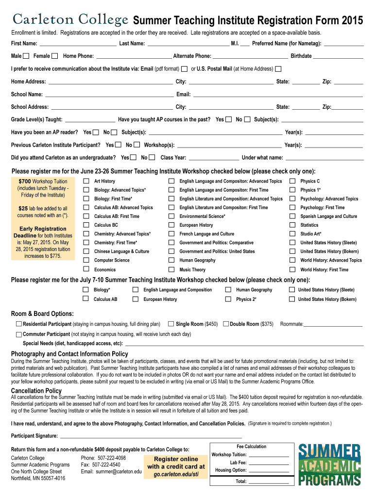 Fillable Online apps carleton Summer Teaching Institute Registration ...