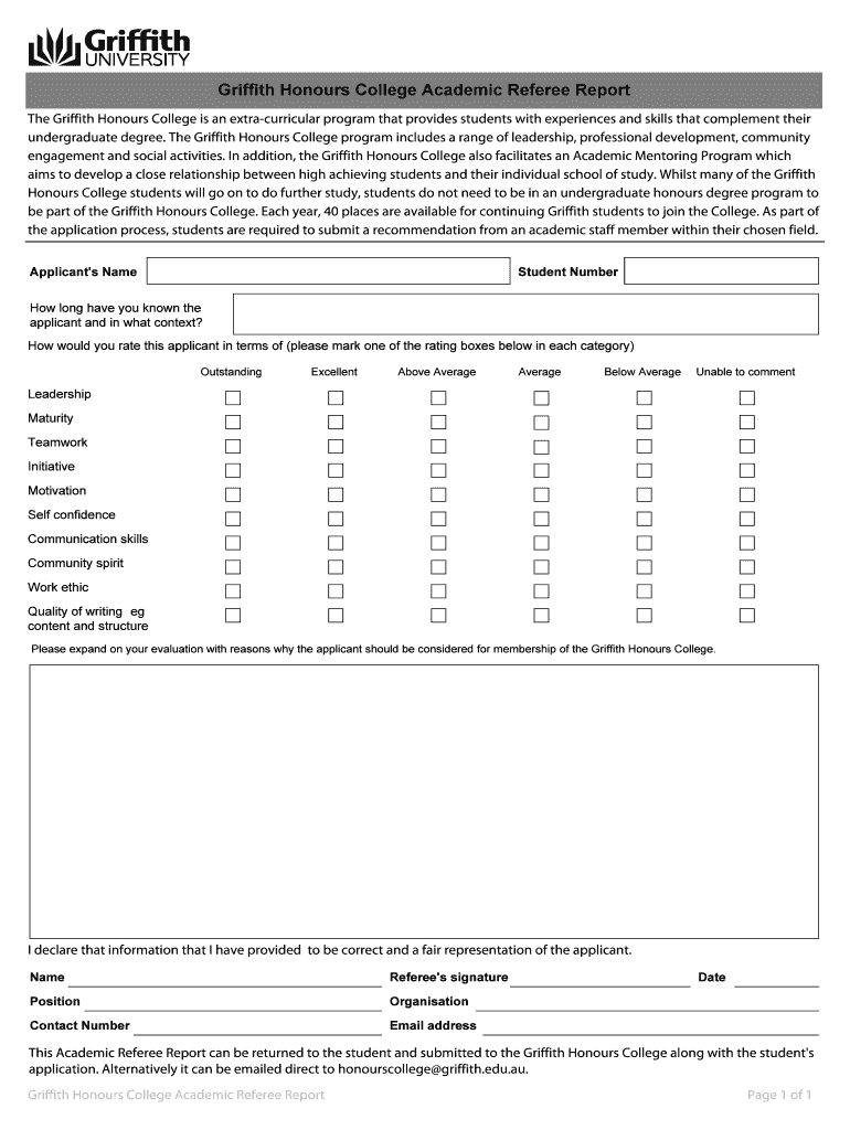 Fillable Online griffith edu Griffith Honours College Academic Referee Report Fax Email Print ...