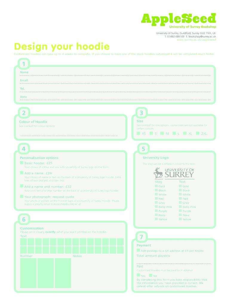 Fillable Online surrey ac Hoodie Order Form (pdf) - University of Surrey - surrey ac Fax Email ...