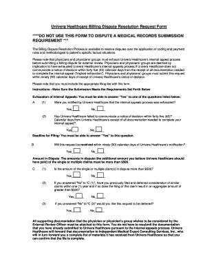 Fillable Online Univera Healthcare, Billing Dispute Resolution Request ...